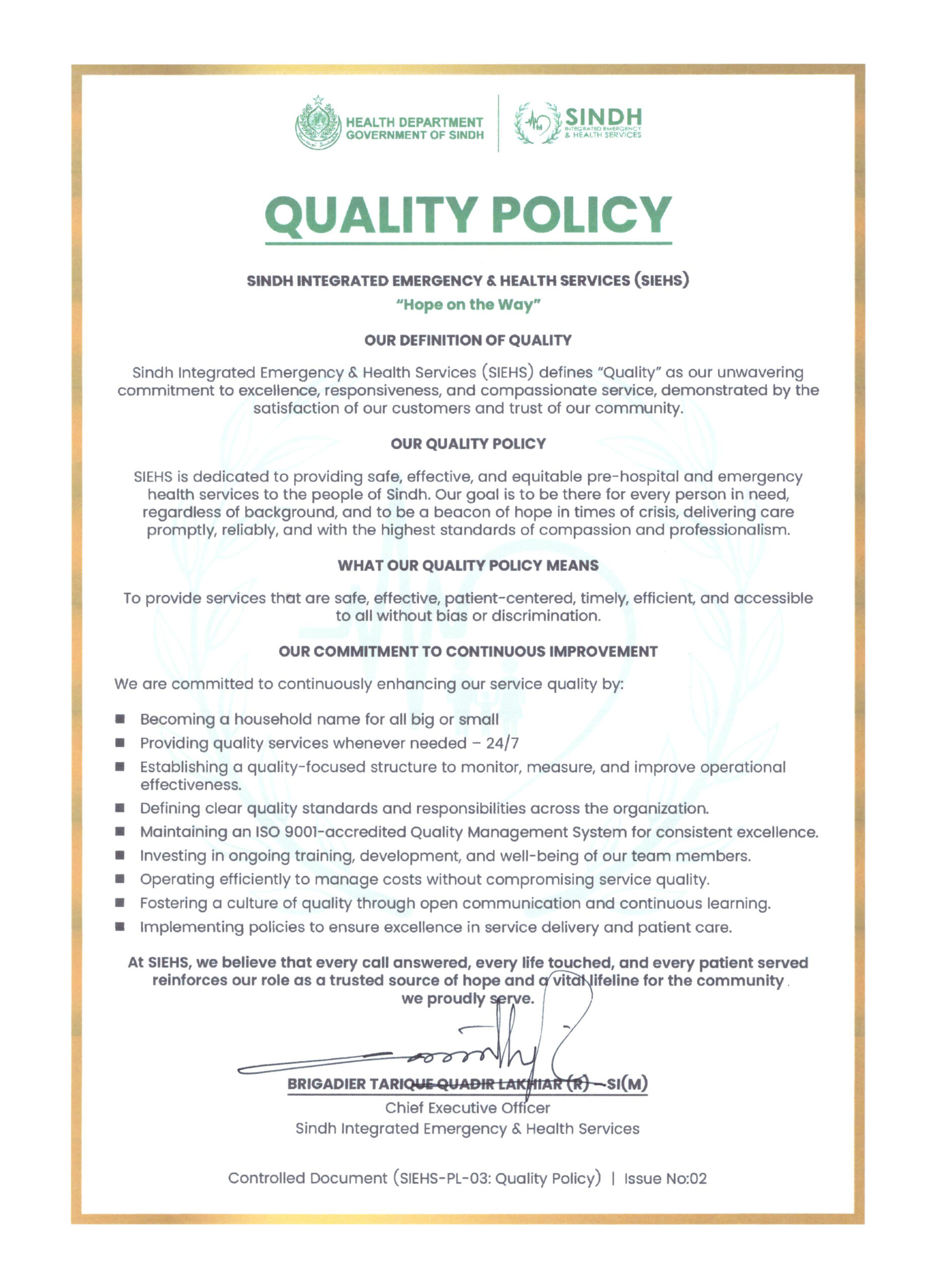 Quality Policy - Sindh Integrated Emergency & Health Services